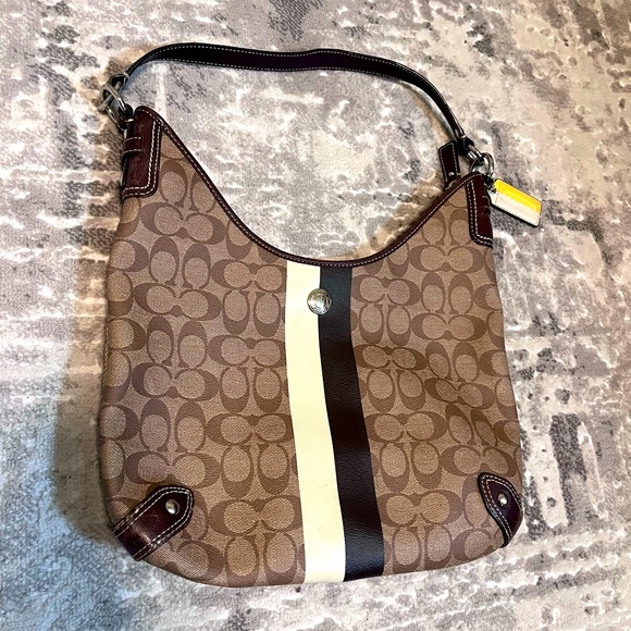 Coach | Bags | Coach Signature Coated Canvas Brown Leather Handbag With ...